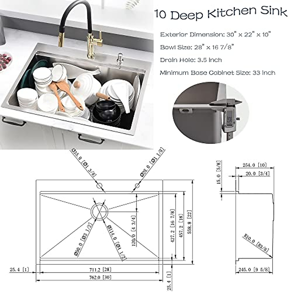 30 Inch Drop in Kitchen Sink - Abironl 30"x22" Topmount Kitchen Sink Stainless Steel Drop in Workstation 16 Gauge R10 Tight Radius Single Bowl Stainless Steel Kitche Sink with Accessory