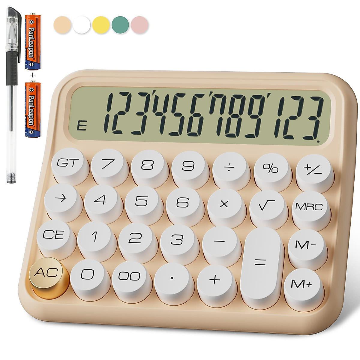 Mechanical Calculator 12 Digit Extra Large 5-Inch LCD Display, DECKLIT Battery Desk Calculator, Big Buttons Easy to Press Use as Office Calculators Desktop, 15°Tilt Screen for Kids Calculator(Cream)