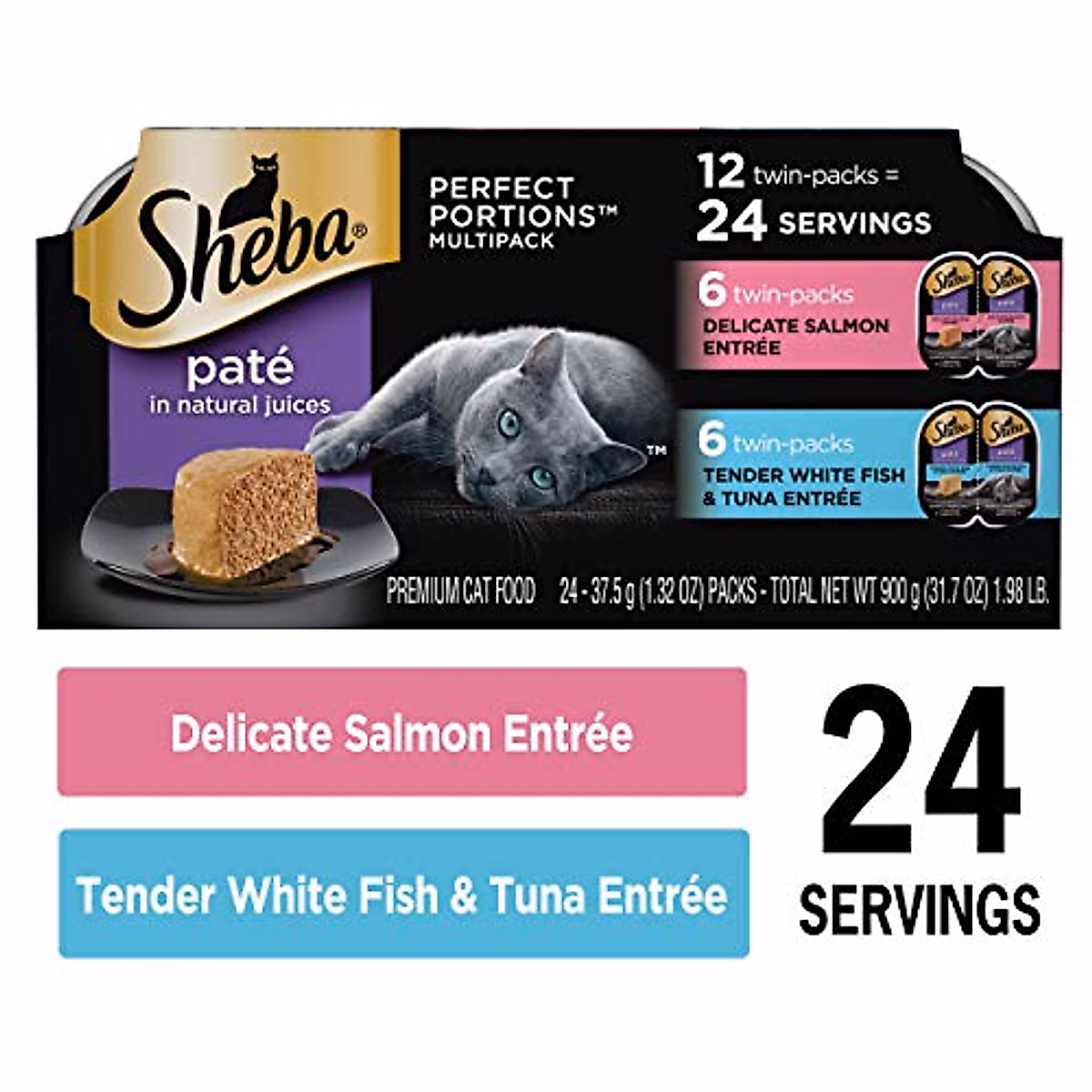 SHEBA PERFECT PORTIONS Cuts in Gravy Adult Wet Cat Food Trays (24 Count, 48 Servings), Delicate Salmon and Tender Whitefish & Tuna Entrée, Easy Peel Twin-Pack Trays