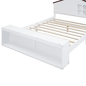 Polibi Full Size Wooden Platform Bed with LED Lights and Storage,Bedframe Full-Size with House-Shaped Headboard,White