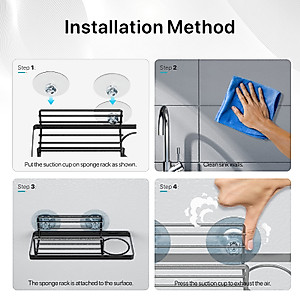 iSPECLE Sponge Holder with Suction Cups, 3-in-1 Sponge Holder for Kitchen Sink, Kitchen Sink Caddy, Dish Sponge Holder for Saving Space, Black,2 Packs