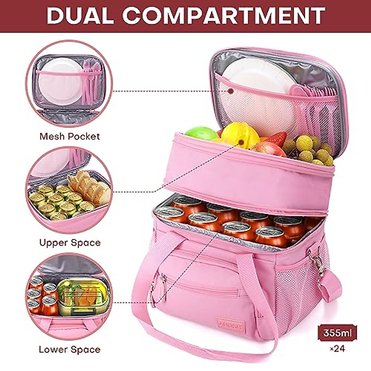 RONROX Large Lunch Box for Women and Men, Double Deck Insulated Lunch Bag with 900D Oxford, Expandable Leakproof Reusable Lunch Cooler Bag for Work, Office, Picnic, 17L, Pink