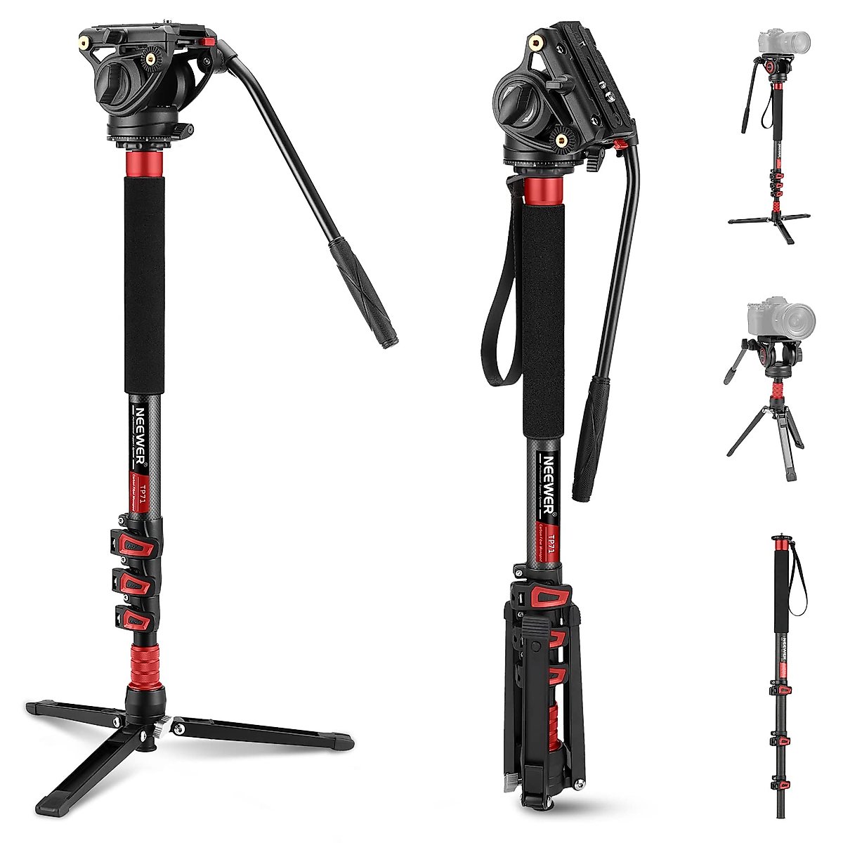 NEEWER 71.6" Pro Camera Monopod with Feet, Carbon Fiber Telescopic Video Monopod with QR Plate Compatible with DJI RS Gimbals Manfrotto, Removable Base for Camera Camcorder, Max Load 13.2lb/6Kg, TP71
