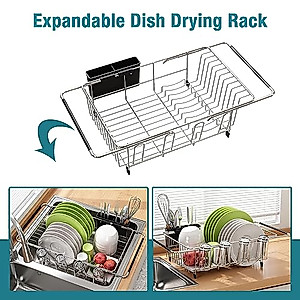 JASIWAY Dish Drying Rack in Sink - Expandable Stainless Steel Dish Drainers for Kitchen Counter, Dish Dryer Rack for Inside Sink, Over The Sink Dish Racks with Utensil Holder, Silver