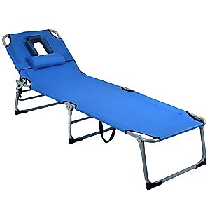 Goplus Tanning Chair, Folding Adjustable Patio Lounge Chair with Face Hole, Removable Pillow, 331LBS, Carry Strap, Outdoor Sunbathing Chair, Lightweight Portable Beach Lounge Chair for Pool Lawn Adult