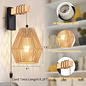 ZECOXOL Plug-in Wall Sconces Set of Two, Rattan Boho Decor Wall Lamps with Plug-in Cord, Wicker Sconces for Bedroom & Living Room