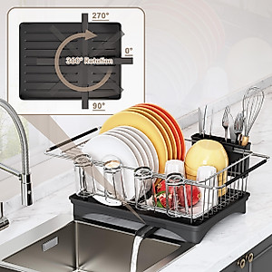 romision Sink Dish Drying Rack - Dish Drainers with Drainboard for Kitchen Counter, Use for Countertops & in-Sinks & Over-Sink, Stainless Steel Dish Dryer Racks with Utensil & Cup Holder, Silver