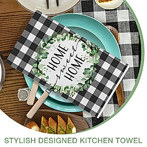 Seliem Summer Eucalyptus Greenery Kitchen Dish Towel Set of 2, Buffalo Plaid Check Absorbent Hand Drying Baking Cooking Cloth, Spring Seasonal Farmhouse Decor Bless Our Sweet Home Decorations 18 x 26