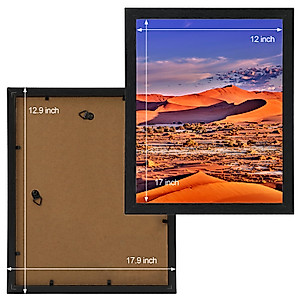 HUKONHEP 12x17 Black Picture Frames, Composite Wood Frame with Plexiglass, Horizontal and Vertical for Wall Mounting