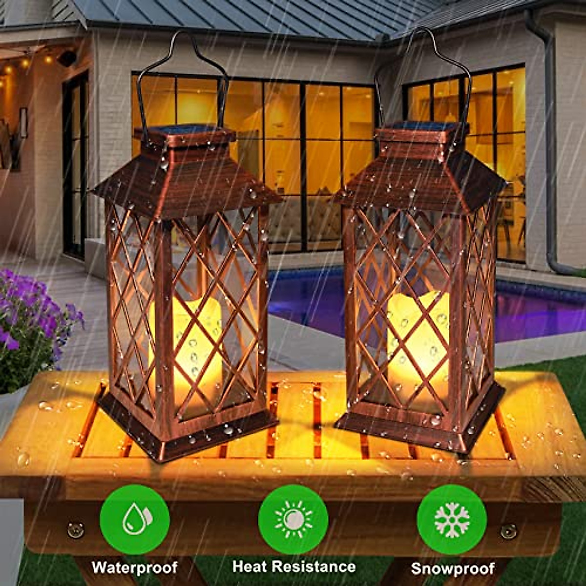 2 Pack Homeimpro Solar Lantern Hanging Garden Outdoor Lights Flickering Flameless Candle Waterproof LED Lamp for Table Patio Lawn