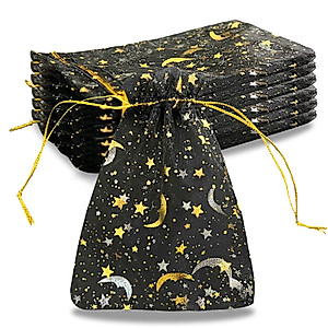100 Pcs 3.5 x 4.7 Inch Black Organza Jewelry Gift Bag, Moon Star Drawstring Candy Bag for Wedding Party Valentine's Day.