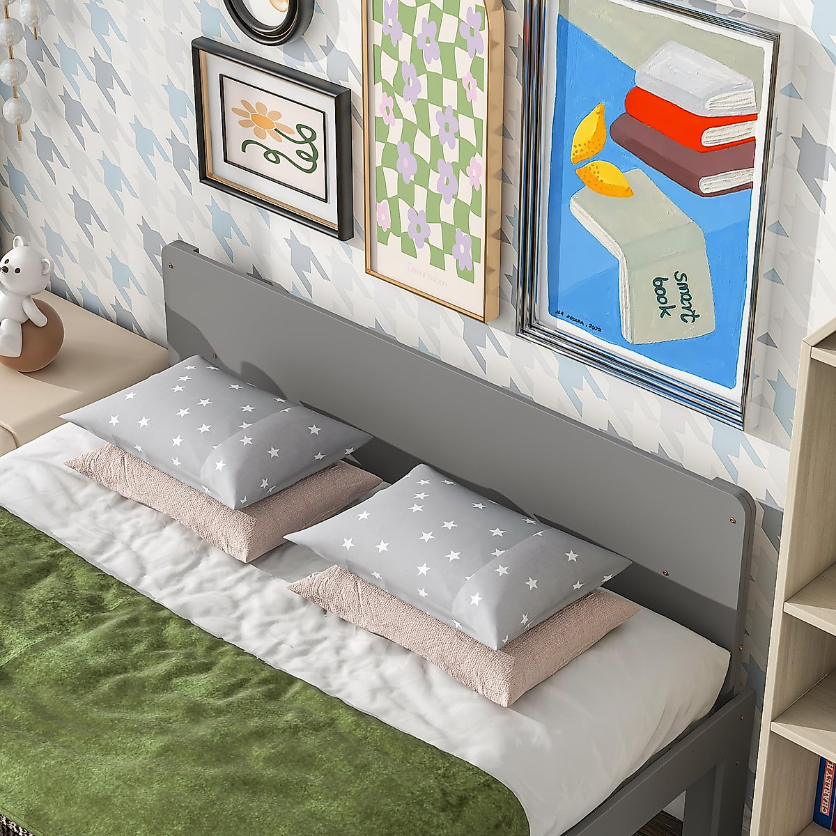 YOPTO Full Size Bed with Footboard Bench,Bedroom Pine Wood Bed Frame W/Bed-Legs,10 Slats Support,No Box Spring Needed,Easy Assembly,for Kids Teens Boys Girls,Grey