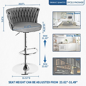 Lamerge Velvet Bar Stools Set of 4,Modern Swivel Bar Chairs Counter Height Barstool,Adjustable Barstools with High Backrest,Upholstered Kitchen Island Chairs,Grey