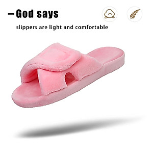 Women's Adjustable Diabetic Slippers Memory Foam House Shoes Cozy Arch Support Orthotic Heel Cup Arthritis Edema Slippers Non Slip Rubber Sole, Open Toe Fuzzy Slide Sandals for Ladies,Pink 8/9