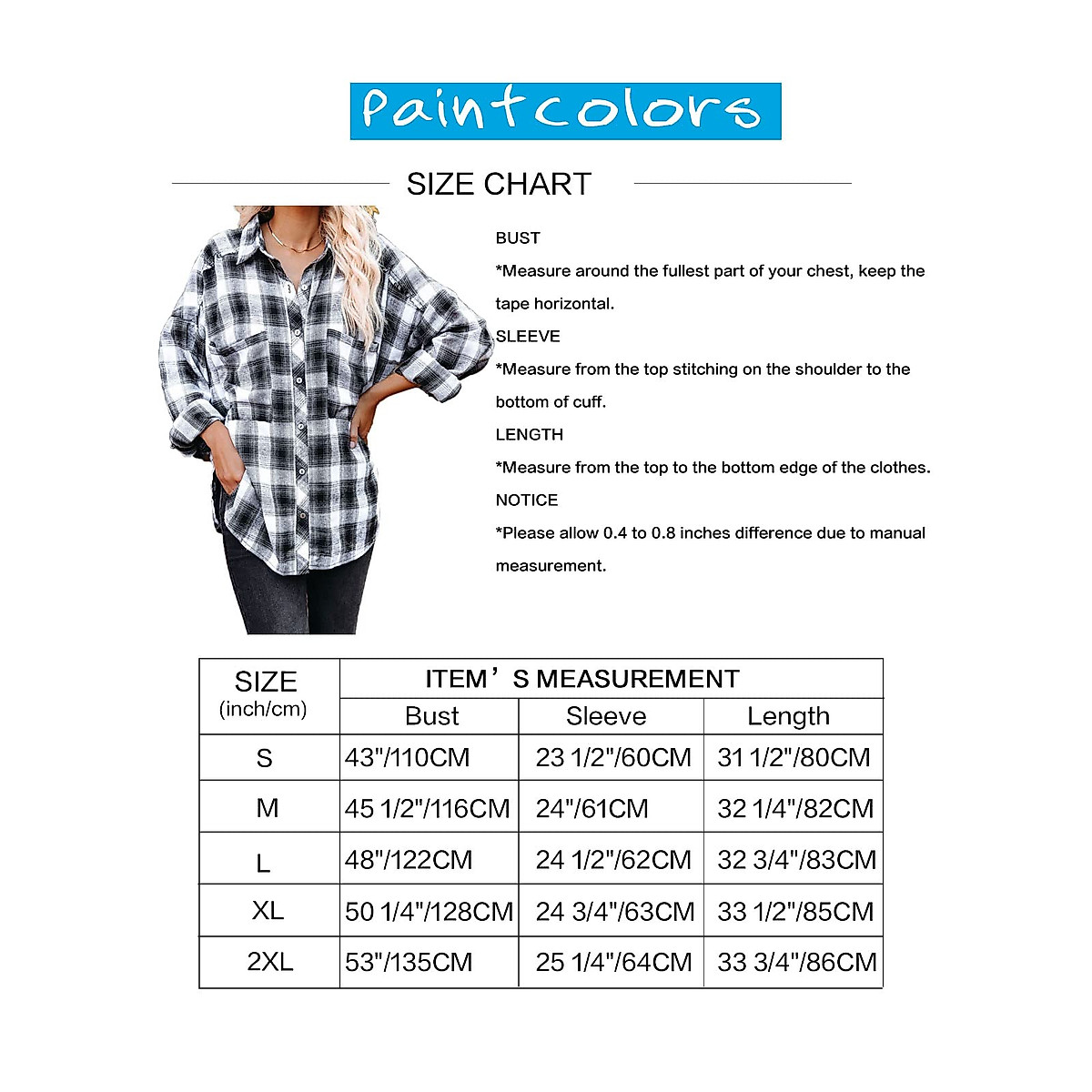 Paintcolors Women's Plaid Button Down Shirts Long Sleeve Blouses Flannel Oversized Tunic Tops with Pockets - Black-White XL