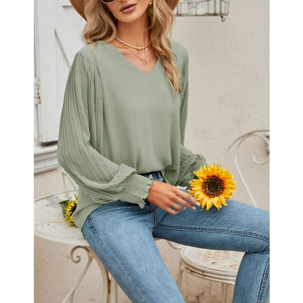 Aifer Women's V-Neck Long Sleeve Blouse - Sage Green, Sexy, Elegant, Classic Pullover Tunic for Work & Casual