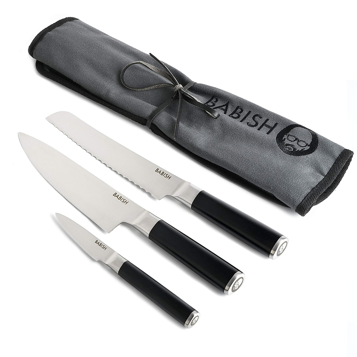 Babish German High-Carbon 1.4116 Steel Cutlery, 3-Piece w/Knife Roll & 12” & 9” Locking Kitchen Tong Set, Stainless Steel