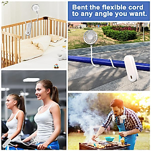 Outdoor Portable Handheld Fan with Flexible Cord, 3 Speed Mini Stroller Fan for Baby, USB Rechargeable Battery Small Fan Quiet Personal Desk Fan for Travel, Sport, Office