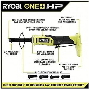 RYOBI ONE+ HP 18V Brushless Cordless 1/4 in. Extended Reach Ratchet (Tool Only) - PBLRC01B