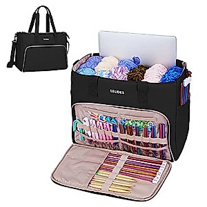 Crochet Tote Bag,Leudes Knitting Bag Fits 15.6 Inch Laptop Yarn Storage Organizer Large Yarn Holder Hook Case for Knitting & Crochet Supplies (Black)
