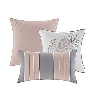 Madison Park Lola Sateen Cotton Comforter Set-Casual Medallion Floral Design All Season Down Alternative Bedding, Shams, Bedskirt, Decorative Pillows, Queen, Grey/Blush 7 Piece