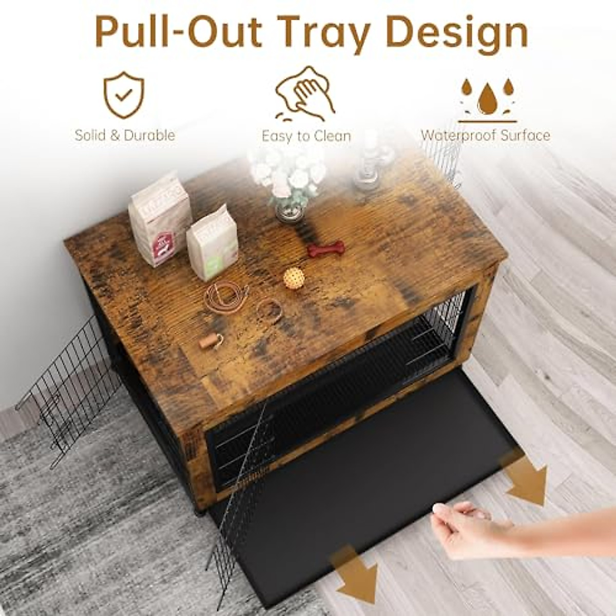 Lamerge Wooden Dog Crate Furniture for Large Dog, Heavy Duty Dog Crate End Table with Pull-Out Tray, 3-Door Dog Kennel, Indoor Pet Furniture, 44.3" L x 28.7" W x 31.9" H, Brown