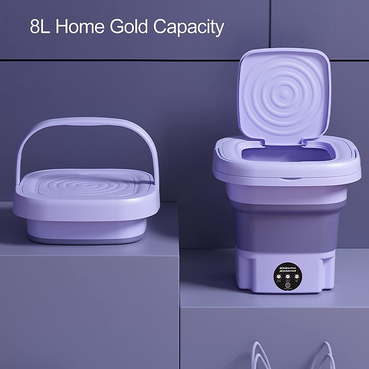 Generic Portable Washing Machine, Blue Light Folding Washing Machine with Drain Basket, 3 Levels Timing, Compact Laundry Washer for Apartment and Household (Purple)