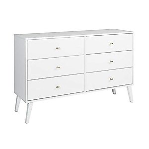 Prepac Milo Mid-Century 6 Drawer Double Dresser For Bedroom, 16" D x 52.50" W x 33" H, White