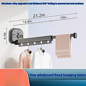 MILLTO No Punch Suction Folding Clothes Drying Rack Indoor Household Portable Balcony Invisible Telescopic Hanging Window Clothes Drying Rod (23.2in)