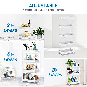 SPACEKEEPER 5-Tier Storage Cart, Bathroom Storage Organizer Rolling Utility Cart, Mobile Shelving Unit Slide Out Storage Shelves for Kitchen Living Room Bathroom Laundry Room & Dressers, White