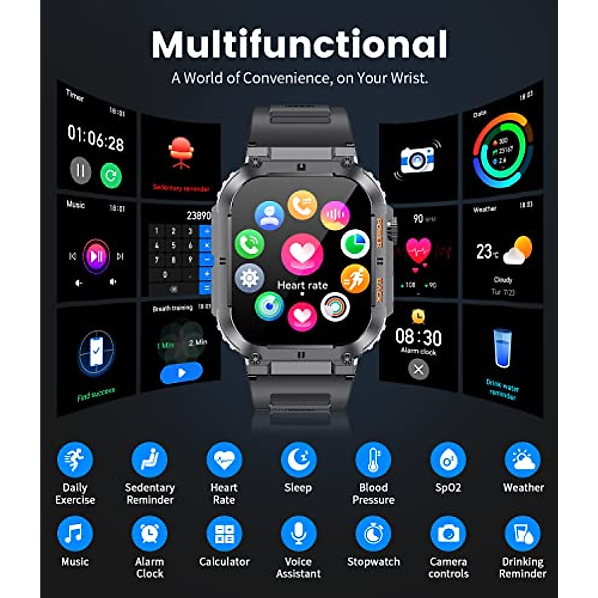 Smart Watches For Men Rugged Make/Answer Calls Voice Assistant 1.96in IPS Big Screen 400mAh Long-Lasting Battery 5ATM Waterproof Fitness Heart Rate Step Calorie Tracker Android iOS Men's Smartwatch