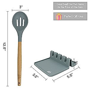 Silicone Utensil Rest with Slotted Serving Spoon - 4-Slot Drip Pad for Multiple Utensils | Wooden Handle Spoon | Kitchen Spoon Holder for Stove Top Heat-Resistant, BPA-Free Non-Stick Cookware - Gray