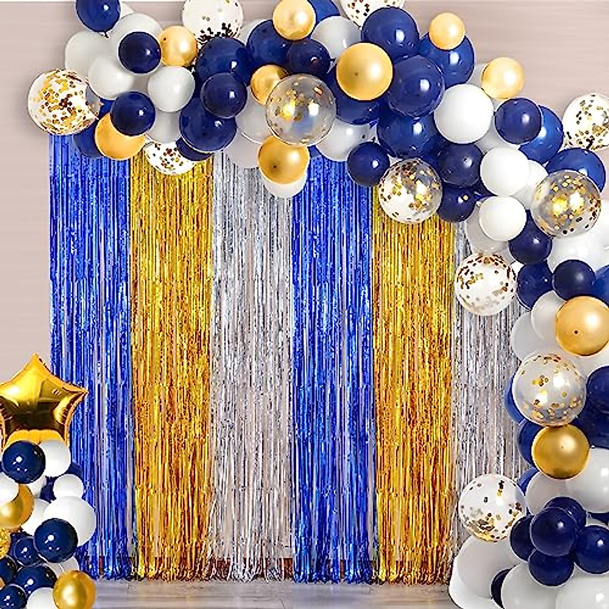 LOLStar 2 Pack Navy Blue Gold and Silver Party Decorations 3.3X6.6 ft Each Foil Fringe Tinsel Curtains Backdrop, Streamers - Perfect for Birthdays, Showers, Retirement， Graduations, Weddings