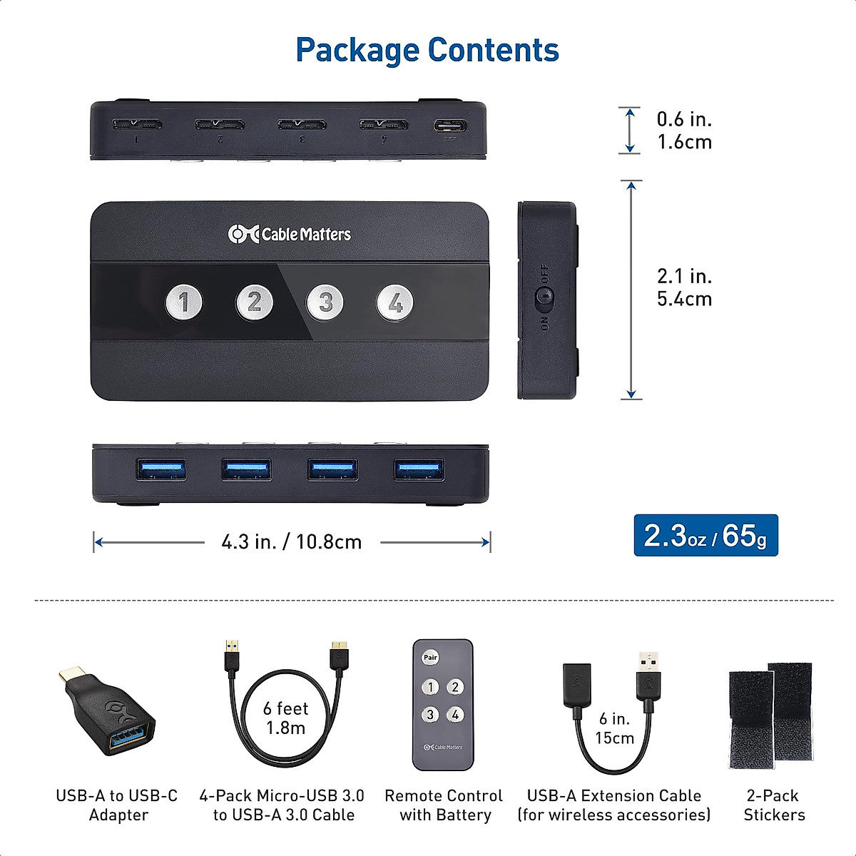 Cable Matters 4 Port USB 3.0 Switch USB Sharing Switch for 4 Computers and USB Peripherals - Button or Wireless Remote Control Switching - Includes a USB-C Adapter for USB-C USB4 and Thunderbolt 4