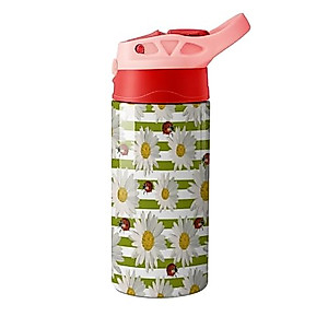 Kids Water Bottle with Straw Lid White Daisies And Ladybugs Print 12 Oz/350 Ml Stainless Steel Reusable Thermos Bottles