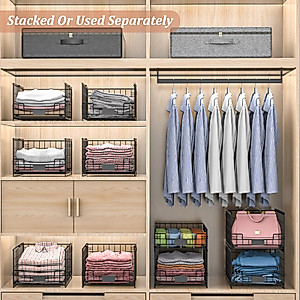 3 Pack Sliding Closet Organizers and Storage, Stackable Closet Storage Shelves, Pull Out Clothes Storage Organizer Baskets/Containers/Drawers with Dividers for Wardrobe (Black-Sturdy Wire Metal Frame)