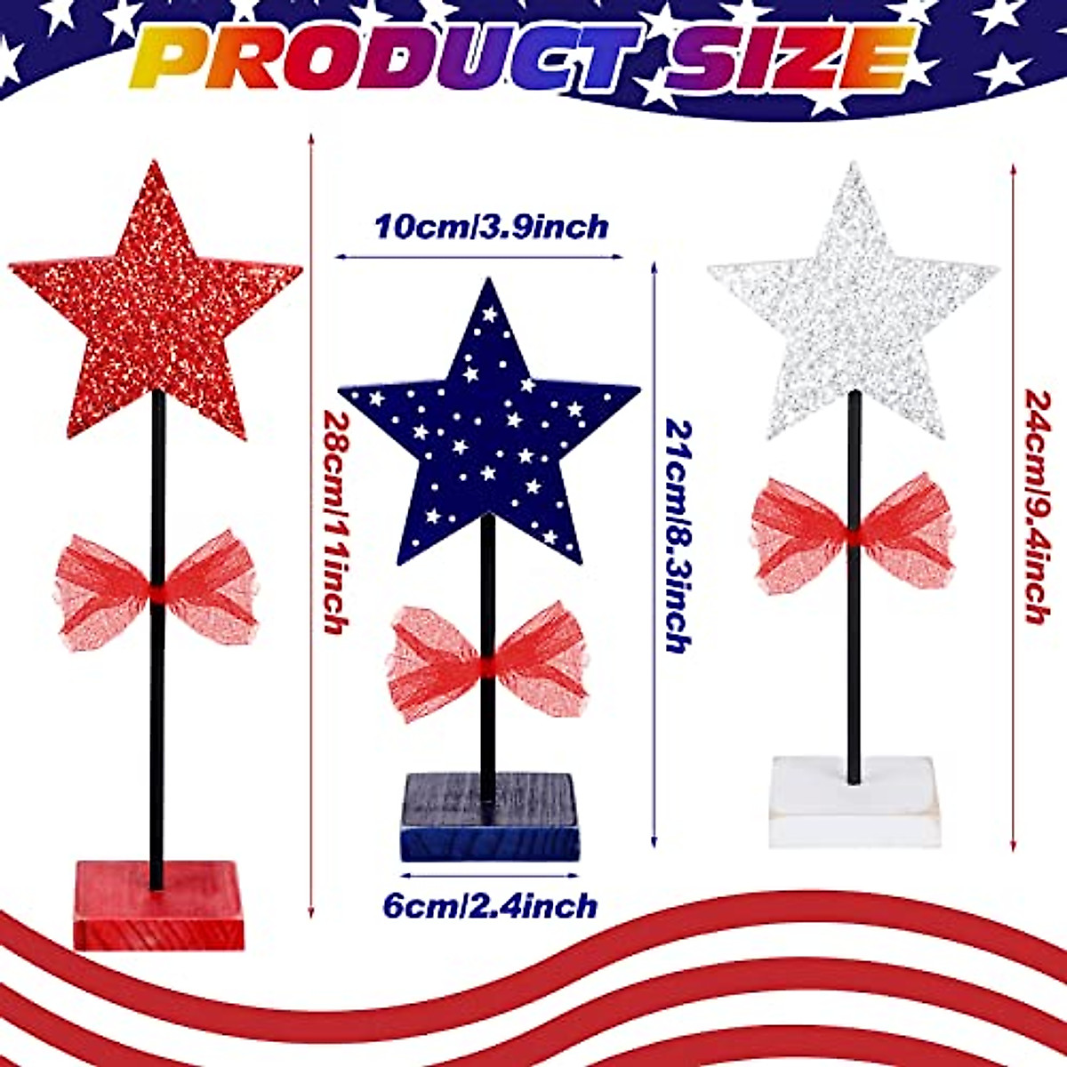 3 Pieces 4th of July Tiered Tray Decor Wood Memorial Day Decorations Wooden Firework Patriotic Rustic Centerpieces Farmhouse Independence Day Wooden Table Decoration for Home Tables (Fresh Style)