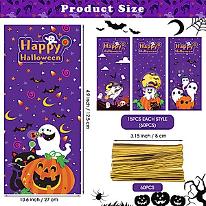 PADELO 60 Pcs Halloween Treat Bags - Cute Happy Halloween Candy Bags, Plastic Halloween Cellophane Goodie Gift Goody Bags with Golden Twist Ties for Halloween Themed Party Supplies Favors, 4 Styles