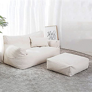 OMKUOSYA Double Bean Bag Chair Lazy Sofa w/Footstool (Cover ONLY, NO Filler) Durable Comfort Lounger High Back Bean Bag Chair Couch for Adults and Kids, Indoor & Outdoor, Beige