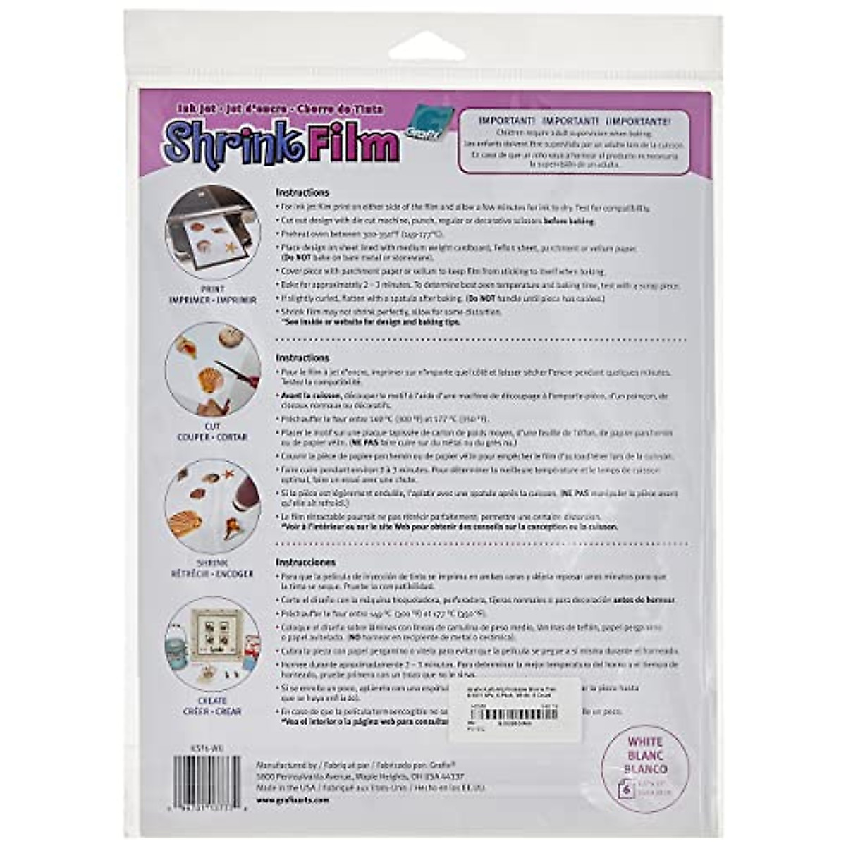 Grafix KSF6-WIJ Printable Shrink Film 8.5X11 6PC, 6-Pack, White, 6 Count