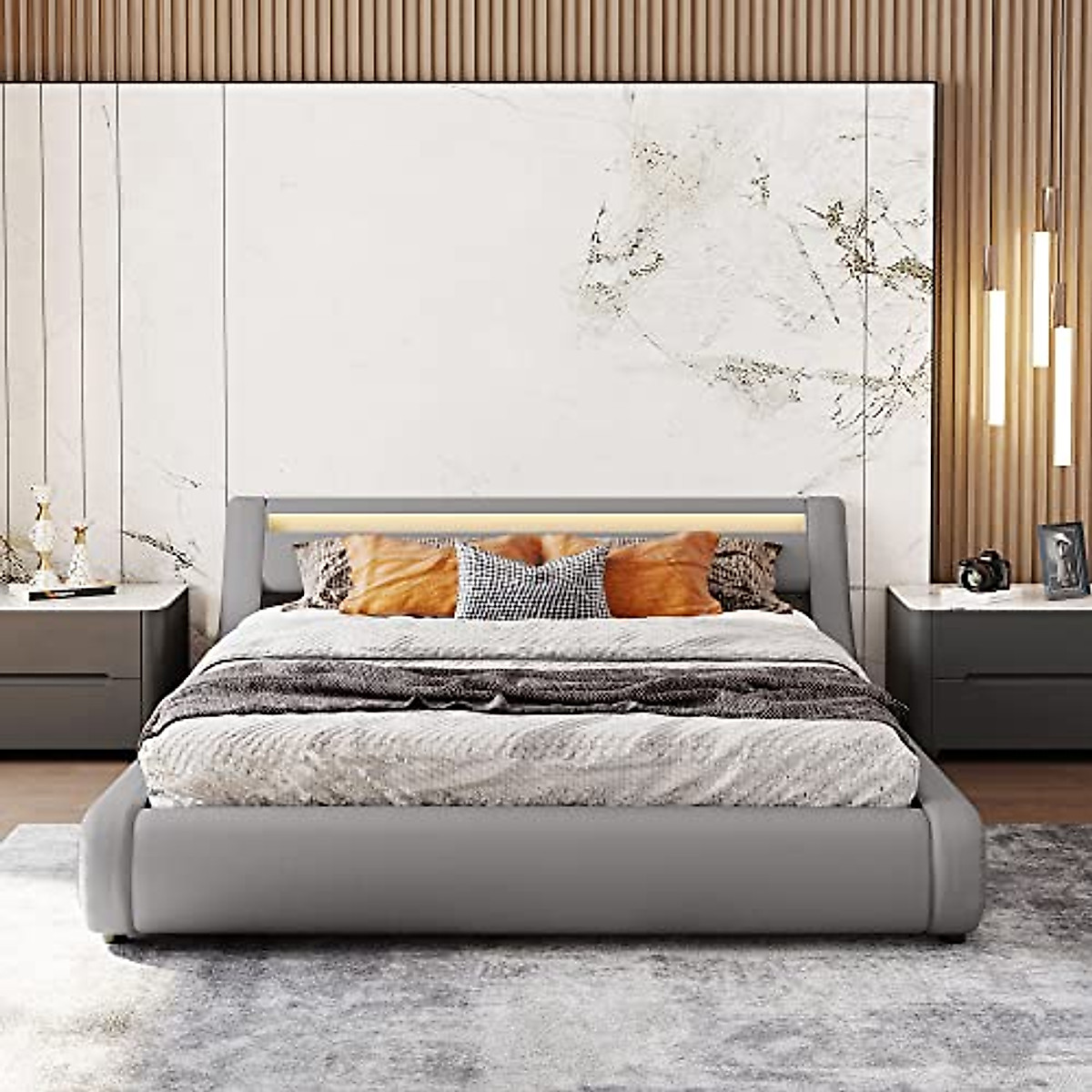 Tensun Queen Size Upholstered Faux Leather Platform Bed with a Hydraulic Storage System, with LED Light Headboard, Bed Frame with Slatted, Easy Assembly, No Box Spring Needed, for Adult, Kids,Grey