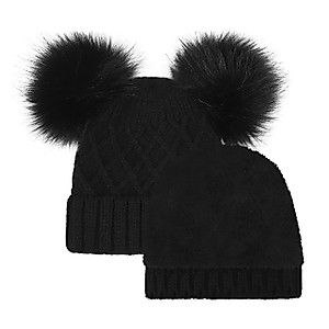 Arctic Paw Winter Cable Knit Fleece Lined Pom Pom Beanie for Women Black