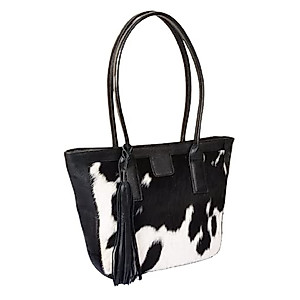 Exotic Cowhide Tote Bag Hair on black white Cowhide Women Purse Shoulder Bag (Brown)