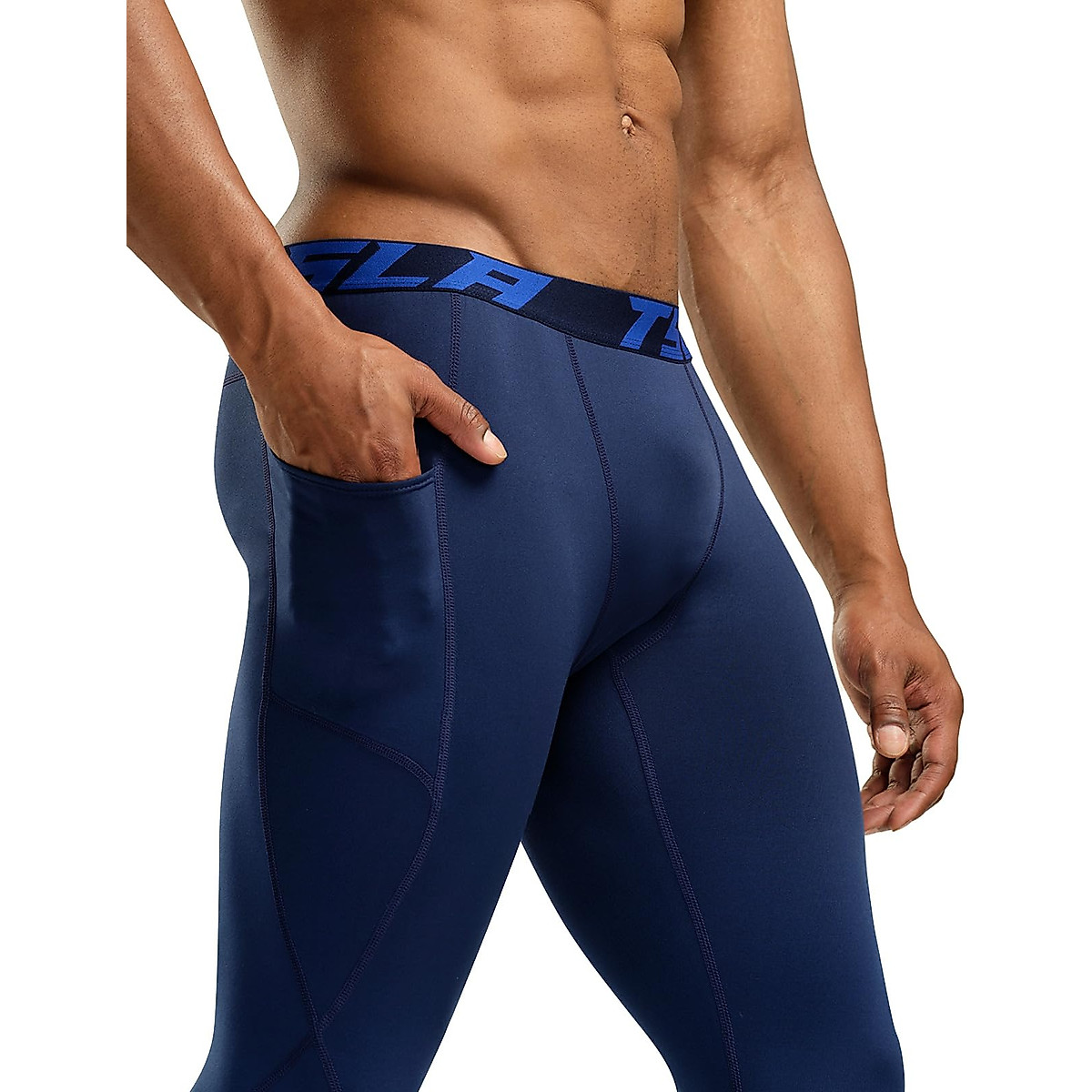 TSLA Men's Thermal Compression Pants, Athletic Sports Leggings & Running Tights, Wintergear Base Layer Bottoms, Pocket Midnight Navy, Medium