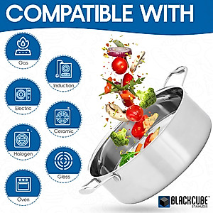 Black Cube Stainless Steel 7.5 QT Stockpot With Lid, 3 Ply Professional Grade Steel 11-inch Pot, Sliver, Dishwasher Safe.