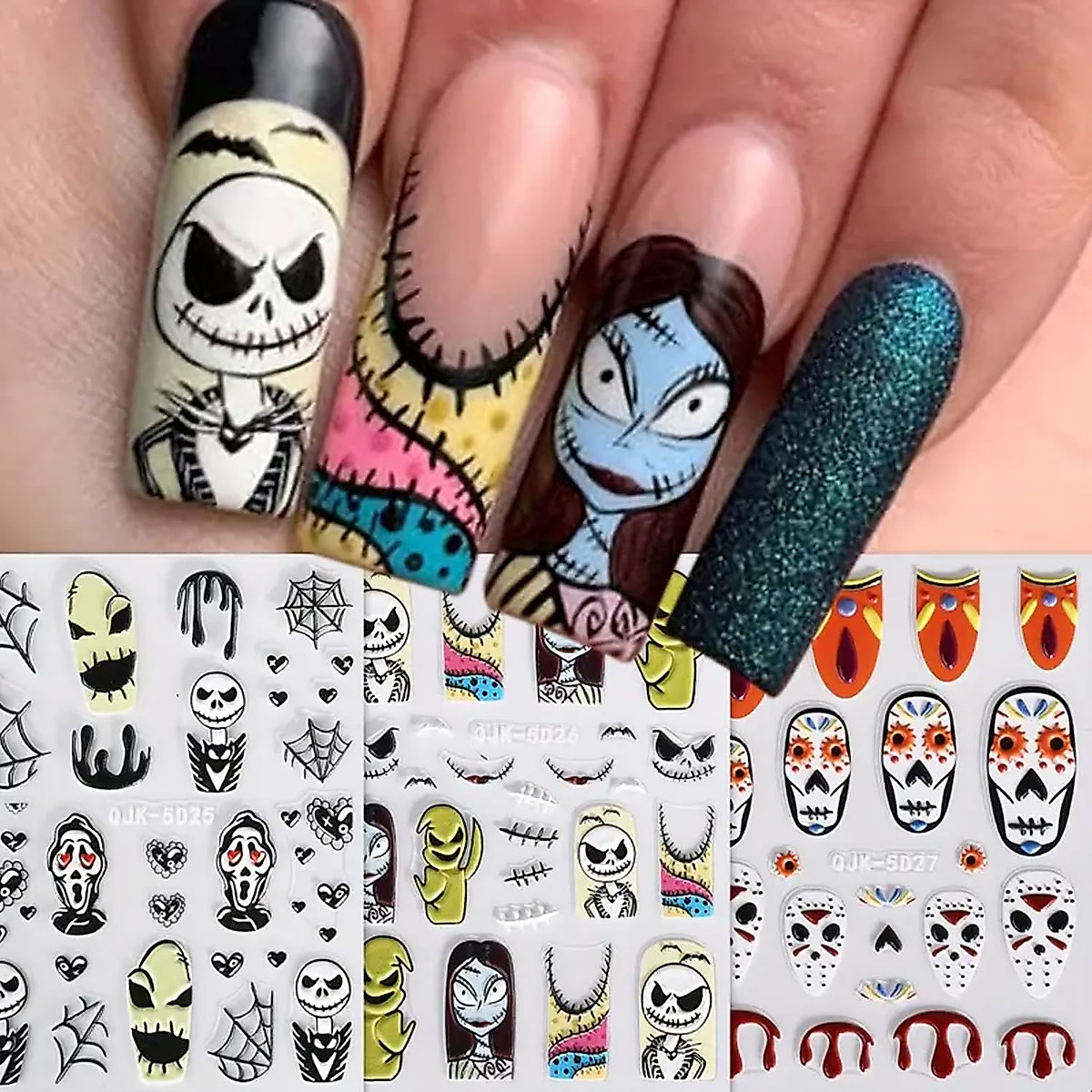 Muagorn Halloween 5D Nail Art Stickers Decals – Distinctive Set of 3 Realistic Designs for Individualized Halloween Nail Accents (Style 01)