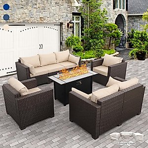 Rattaner 5-Piece Outdoor Patio Furniture 45 in Outdoor Fire Pits Patio Furniture Set 60000 BTU Outdoor Propane Fire Pit No-Slip Cushions Waterproof Covers, Khaki