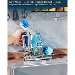 Sink Caddy, Consumest Kitchen Sponge Holder + Dish Brush Holder for Kitchen Sink, Sink Organizer with Drip Tray for Countertop, Stainless Steel Rustproof - Silver