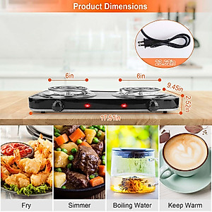 2000W Double Burner, Electric Hot Plate for Cooking Portable Cooking Stove, Countertop Burner Cooktop for Kitchen, Dorm, Temperature Control, Easy to Clean, Black