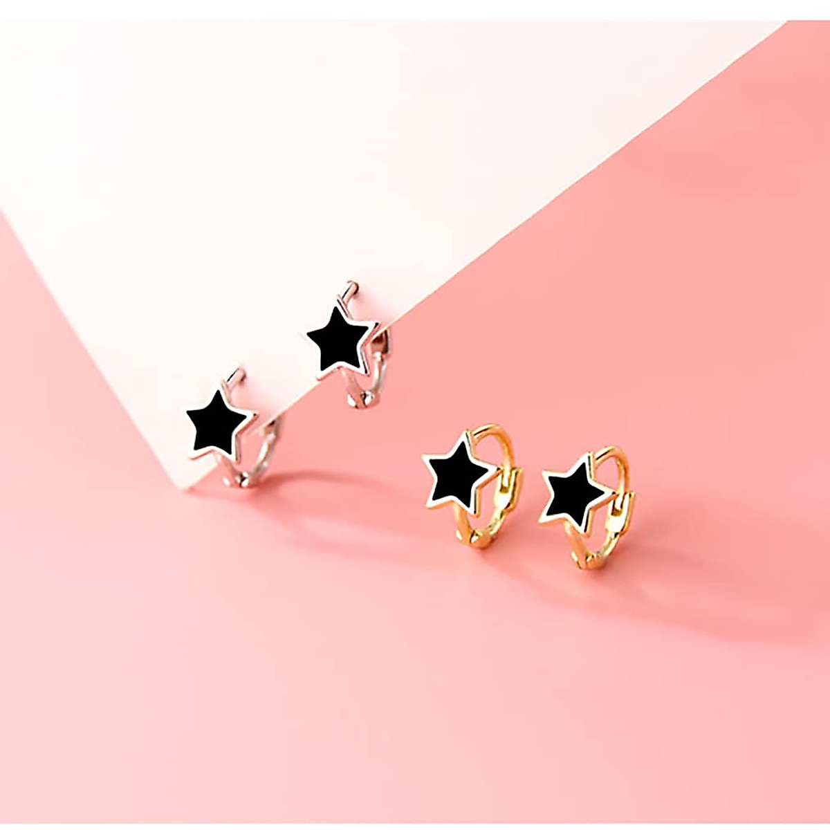 Reffeer Solid 925 Sterling Silver Black Star Huggie Earrings Hoops for Women Small Star Hoop Earrings Cartilage Helix Earrings (B-18K Gold)